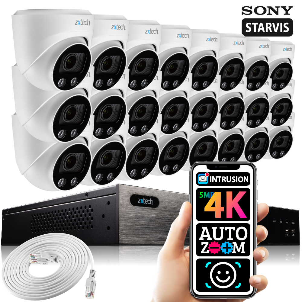 Zxtech 4K CCTV System - 24 x IP PoE Cameras Motorised Lens Face Detect